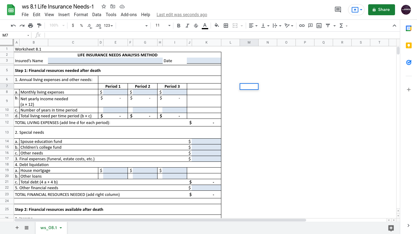 Solved ws 8.1 Life Insurance Needs-1 File Edit View Insert | Chegg.com