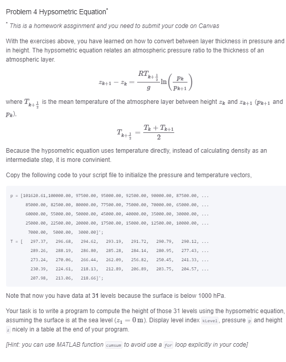Problem 4 Hypsometric Equation This is a homework | Chegg.com
