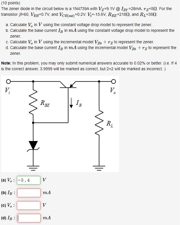Solved (10 points) The zener diode in the circuit below is a | Chegg.com