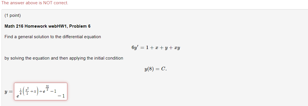 Solved Math 216 Homework webHW1, Problem 6 Find a general | Chegg.com
