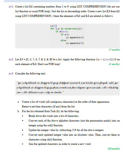Solved A-1. Create a list Ll containing numbers from 1 to 9, | Chegg.com