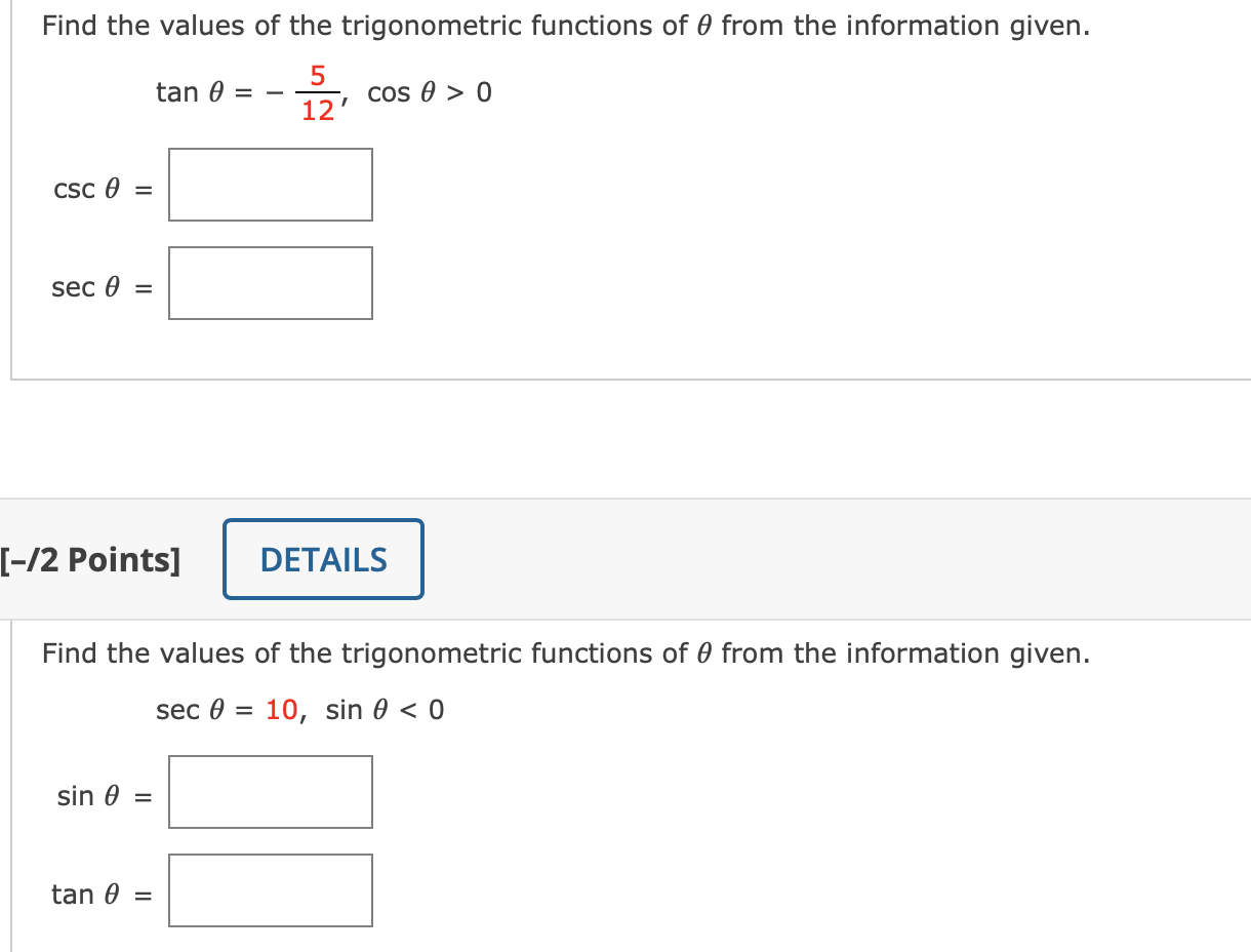 Solved Find the values of the trigonometric functions of 0 | Chegg.com