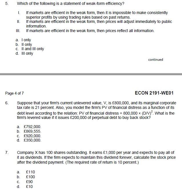 Solved 5. Which of the following is a statement of weak-form | Chegg.com