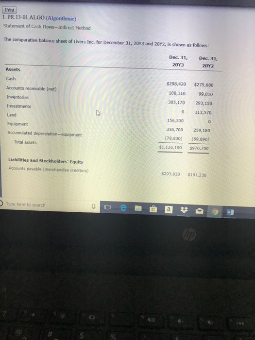 Solved Print 1 PR 13-01 ALGO (Algorithmic) Statement of Cash | Chegg.com