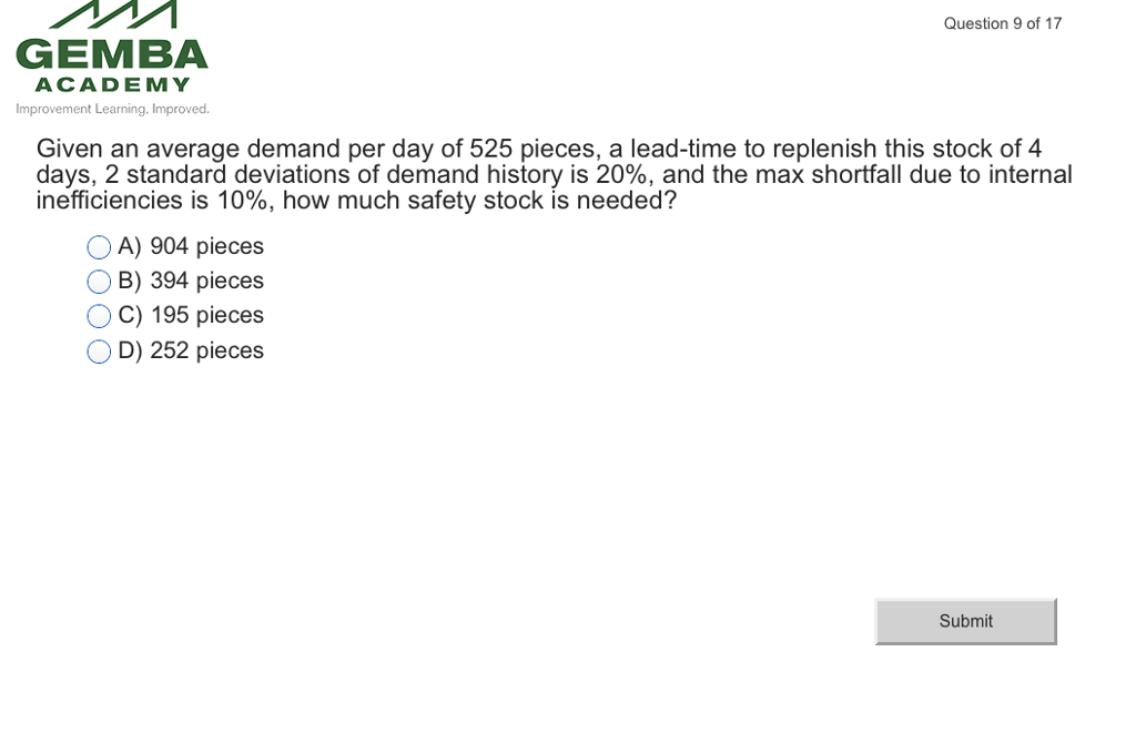 Solved Question 9 of 17 GEMBA ACADEMY Improvement Learning, | Chegg.com