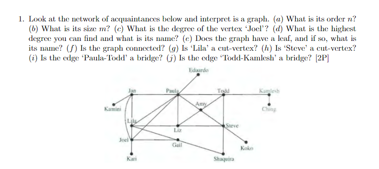 Solved 1. Look at the network of acquaintances below and | Chegg.com