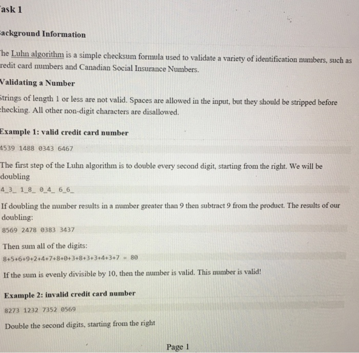 Solved ask 1 ackground Information he Luhn algorithm is a | Chegg.com