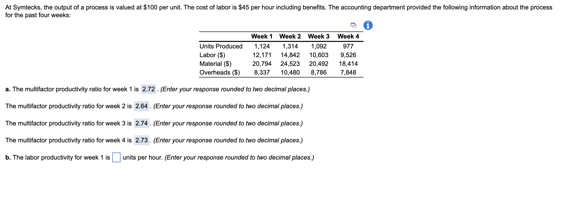 Solved a. The multifactor productivity ratio for week 1 is | Chegg.com