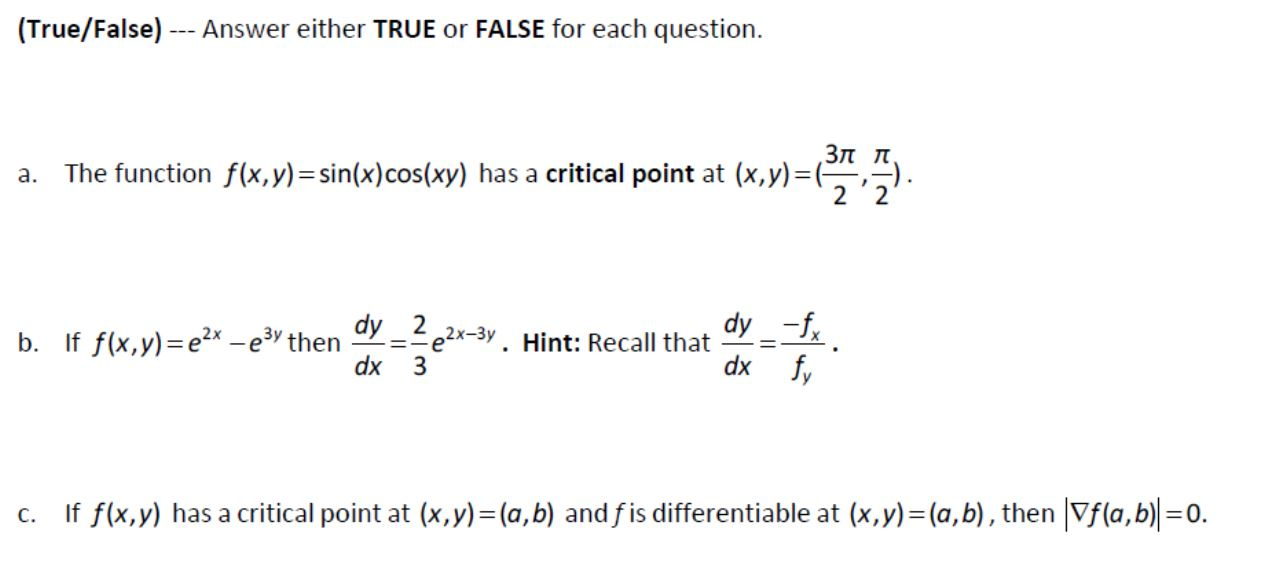 Solved (True/False) --- Answer either TRUE or FALSE for each | Chegg.com