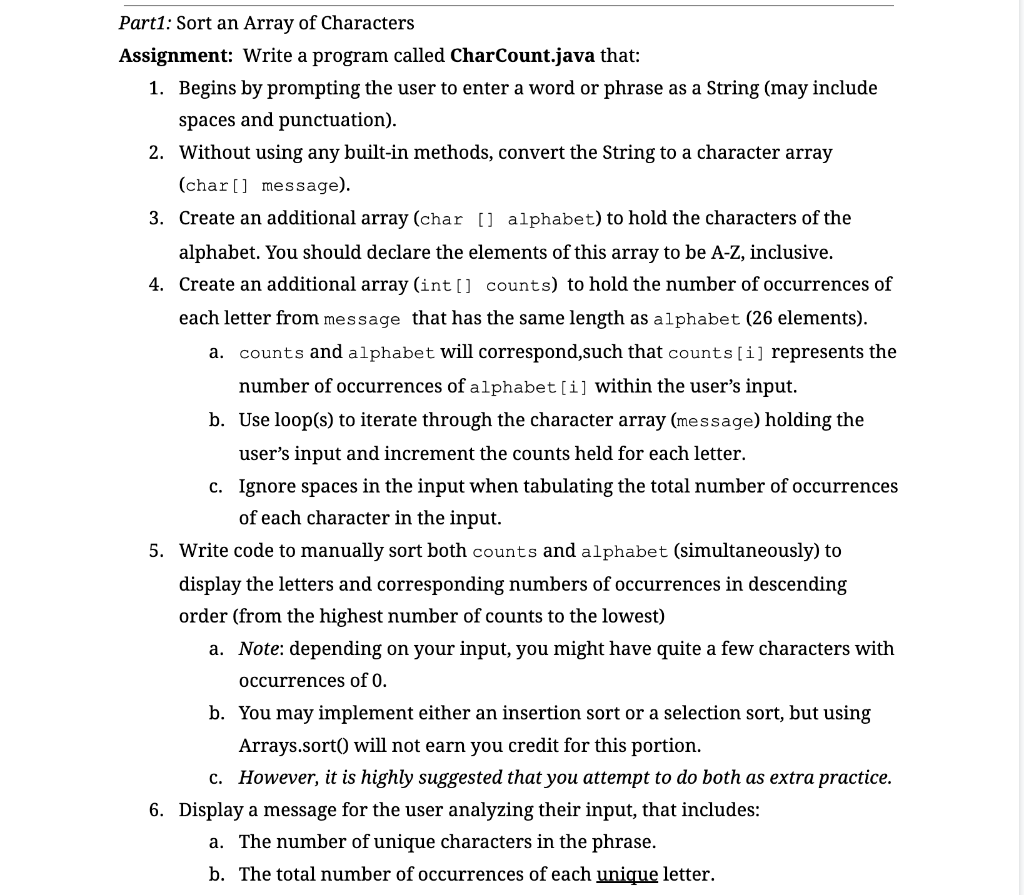 Solved Part1: Sort an Array of Characters Assignment: Write | Chegg.com