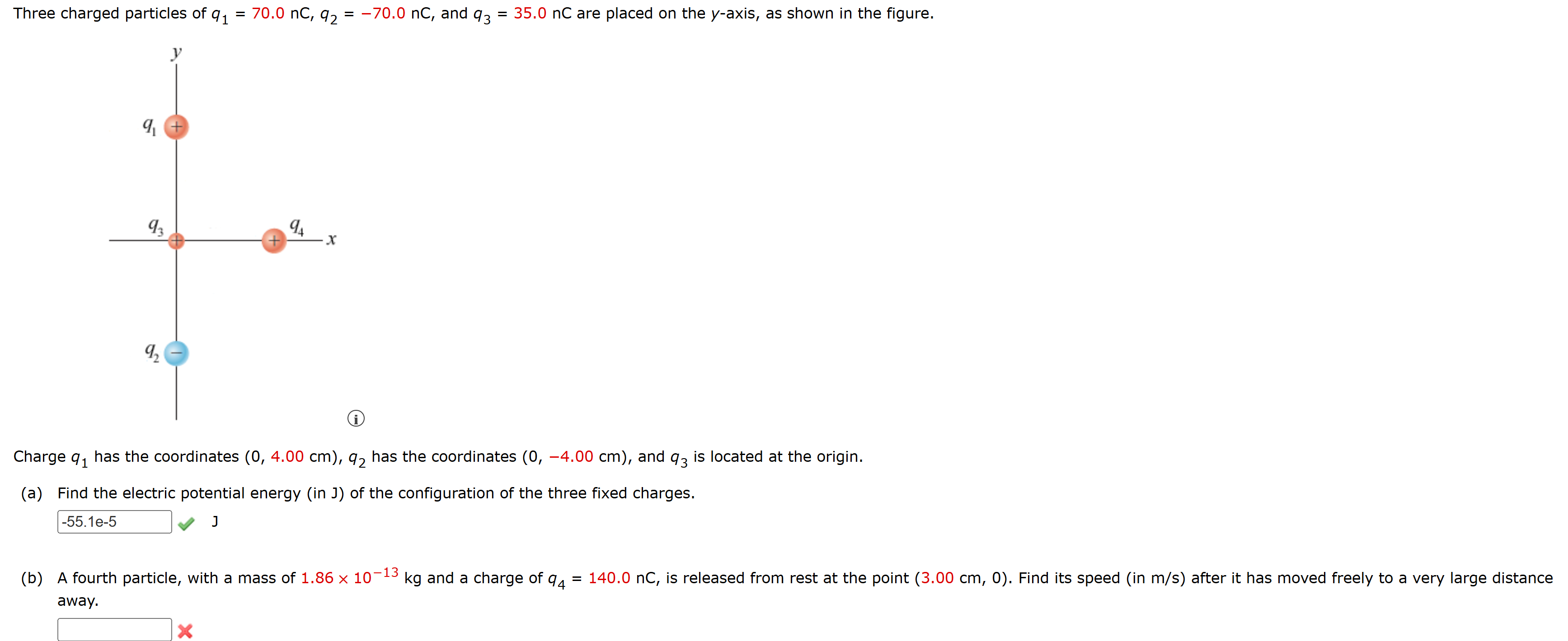 Solved Three charged particles of q1=70.0nC,q2=-70.0nC, ﻿and | Chegg.com