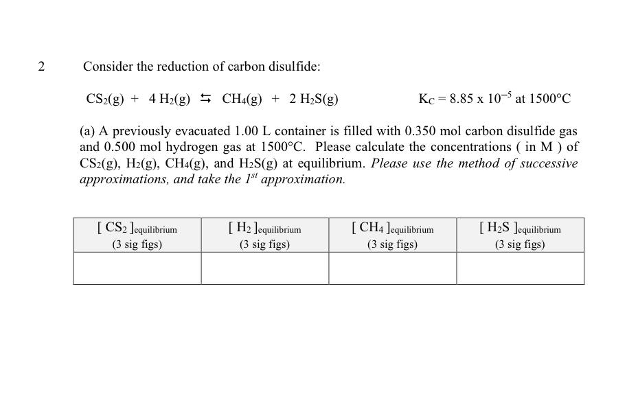 Solved 2. Consider the reduction of carbon disulfide: CS2(g) | Chegg.com