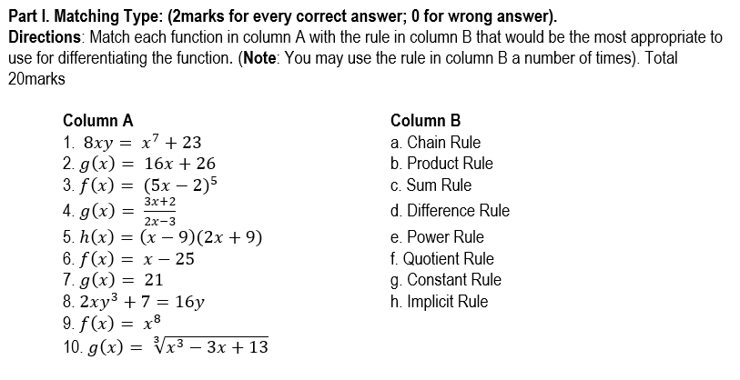 Solved Part I. Matching Type: (2marks for every correct | Chegg.com