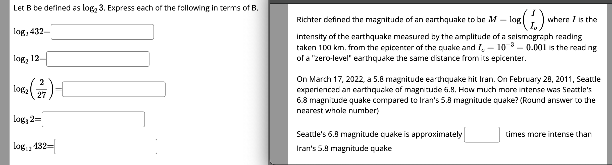 Solved Let B be defined as log23. Express each of the | Chegg.com