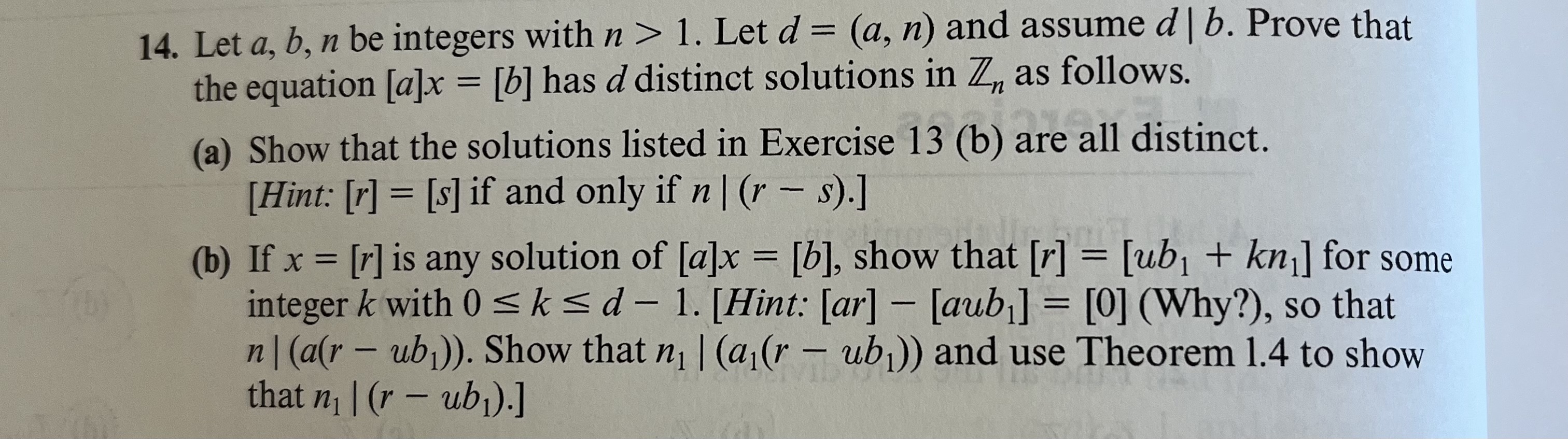Solved Let a,b,n ﻿be integers with n>1. ﻿Let d=(a,n) ﻿and | Chegg.com