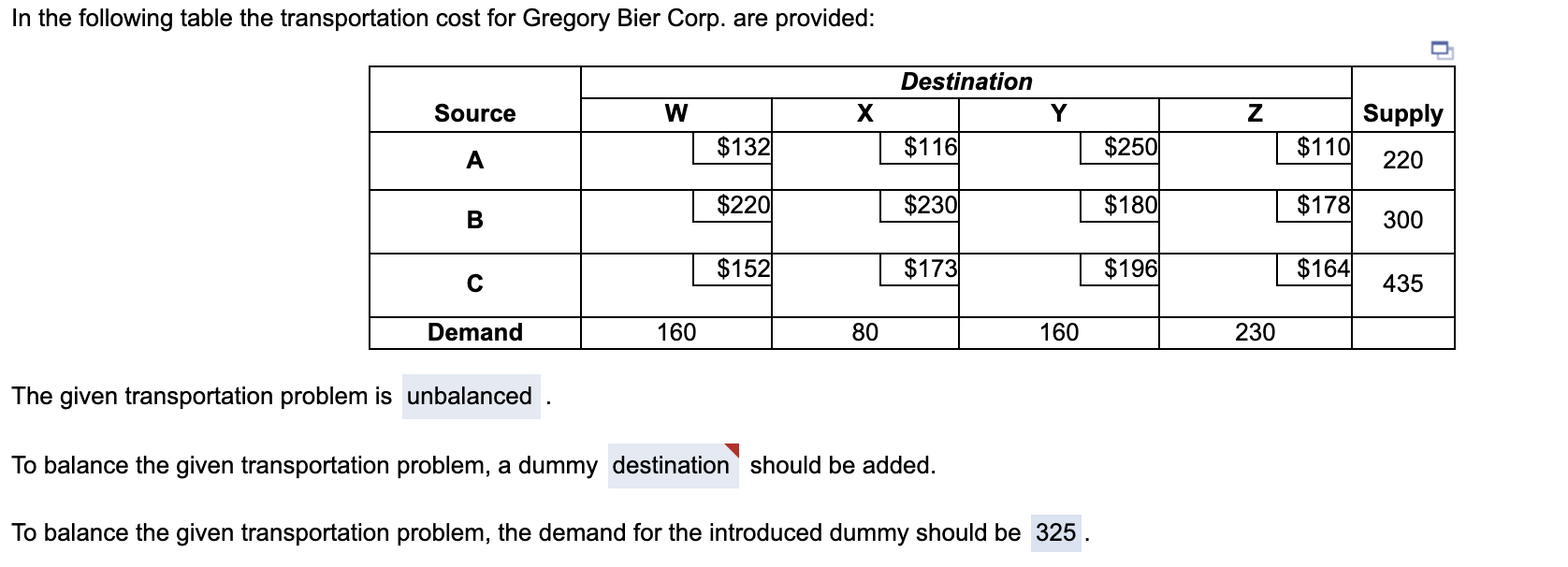 Solved In the following table the transportation cost for | Chegg.com