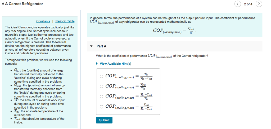 Solved t A Carnot Refrigerator 2 of 4 > In general terms, | Chegg.com