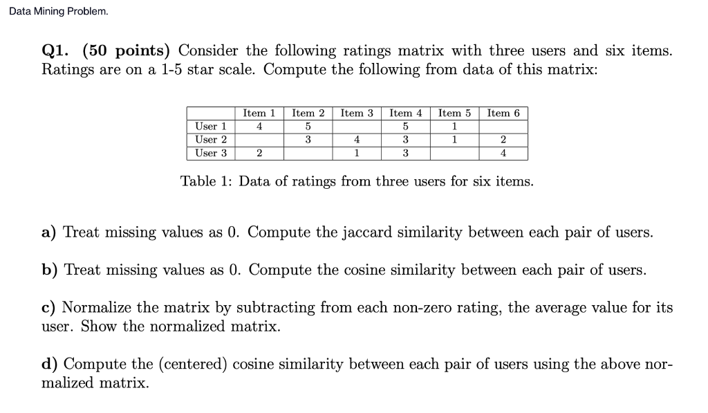 Solved Data Mining Problem. Q1. (50 points) Consider the | Chegg.com