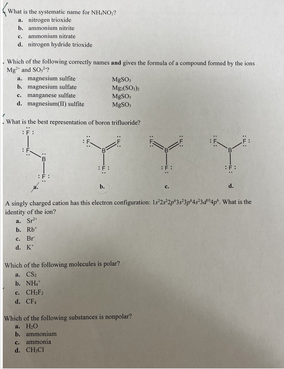 Solved What is the systematic name for NH4NO2 ? a. nitrogen | Chegg.com