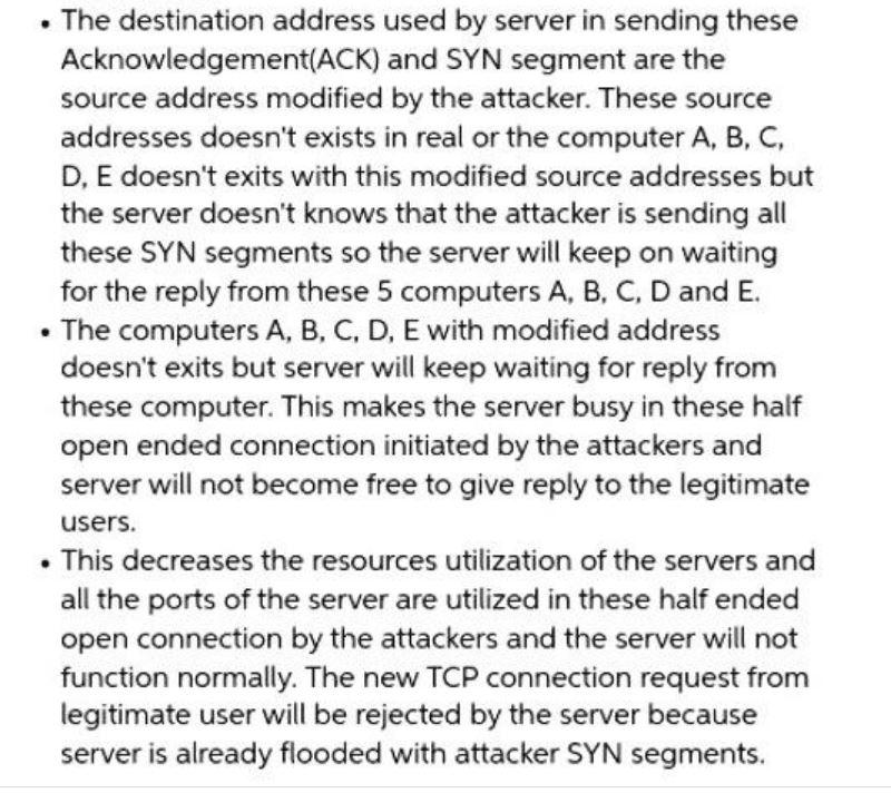 Solved • Answer: A Denial of Service attack is the SYN flood | Chegg.com