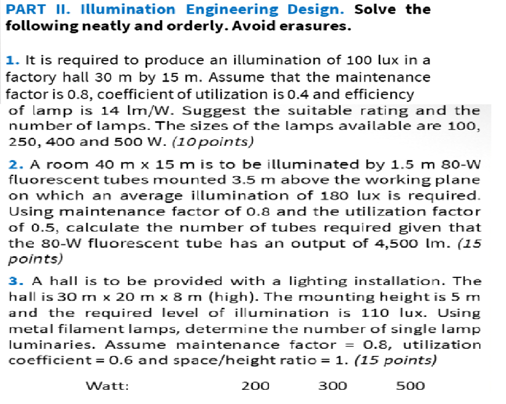 Solved PART II. Illumination Engineering Design. Solve the | Chegg.com