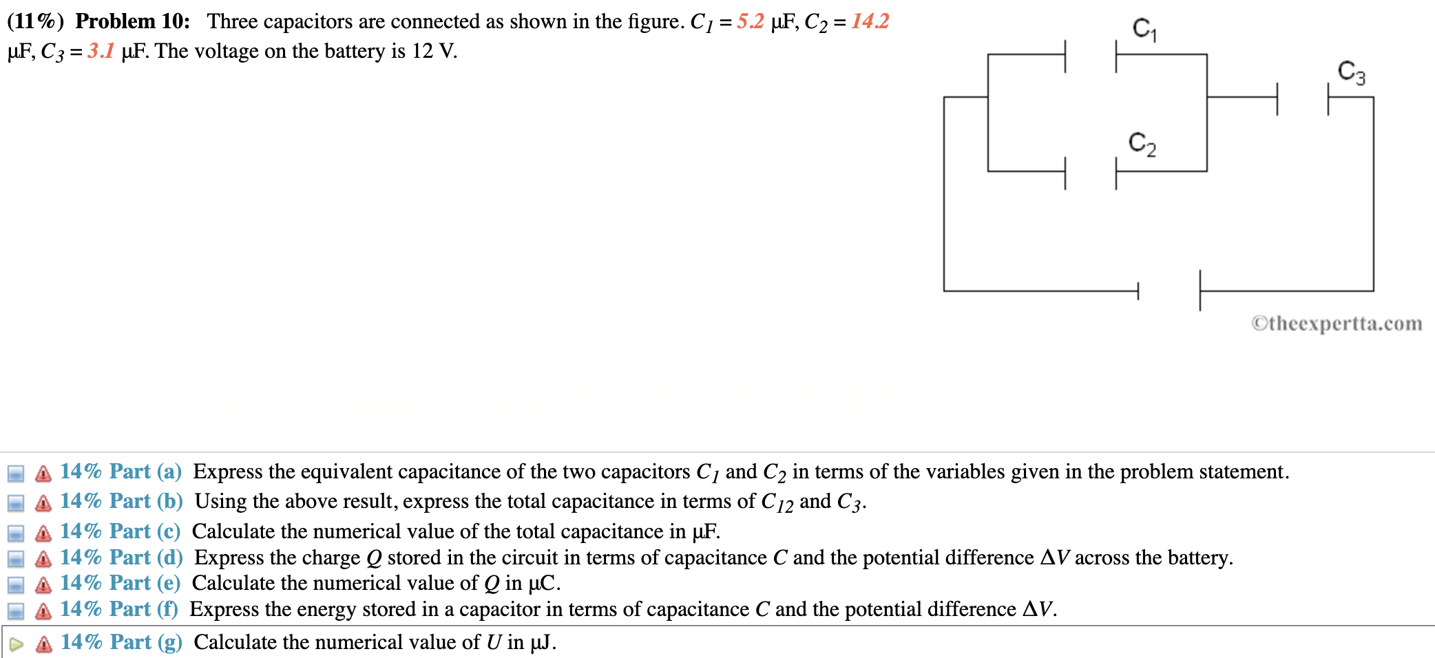 Solved (11\%) Problem 10: Three capacitors are connected as | Chegg.com