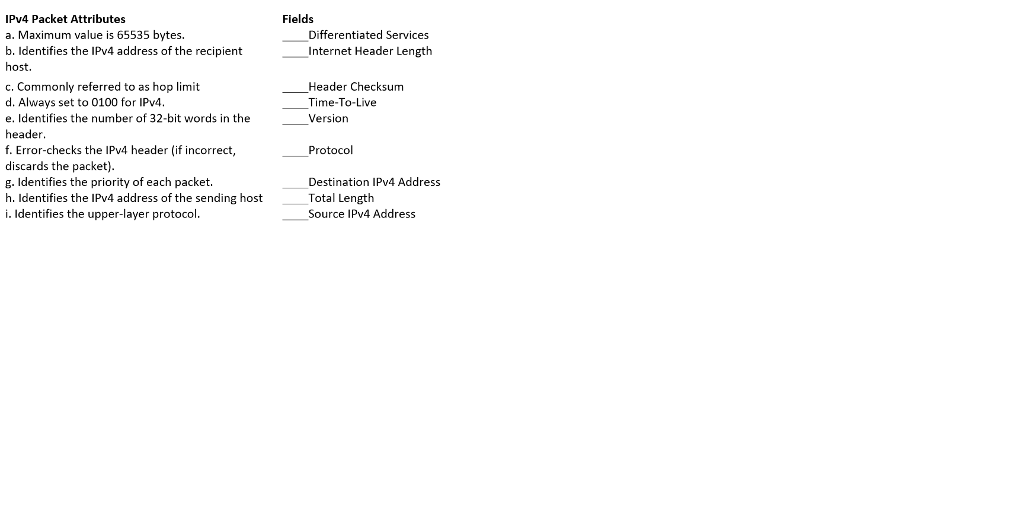 Solved Match the IPv4 packet attribute on the left with a | Chegg.com