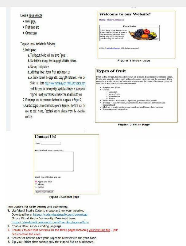 Solved Create a 3 page website Indes page Fruit page, and | Chegg.com