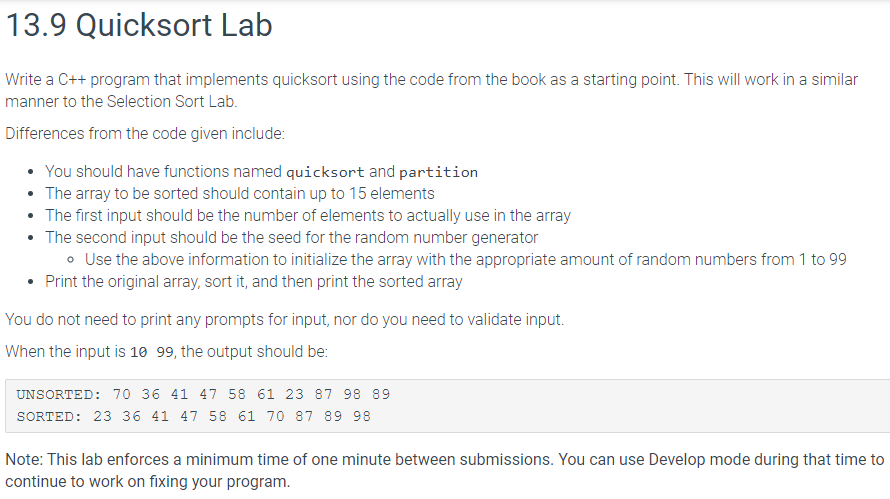 Solved 13.9 Quicksort Lab Write a C++ program that | Chegg.com