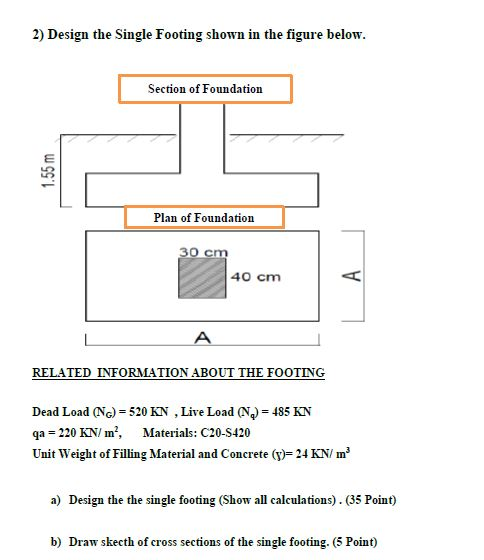 Solved 2) Design the Single Footing shown in the figure | Chegg.com