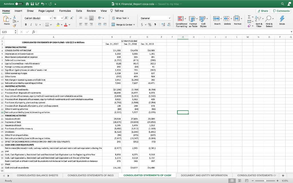 Solved AutoSave OFF AGE 10 K Financial Report coca cola - | Chegg.com