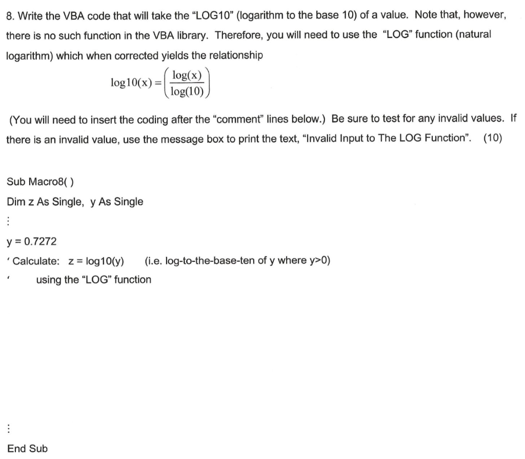 Solved 8 Write The Vba Code That Will Take The “log10