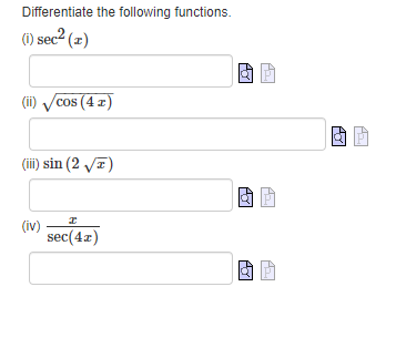 Solved Differentiate the following functions. (i) sec2(x) | Chegg.com