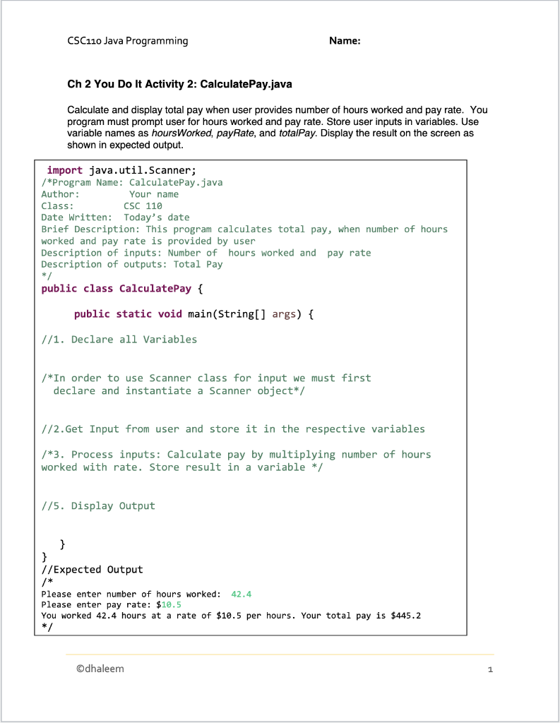 Solved Csc110 Java Programming Name Ch 2 You Do It Activity 