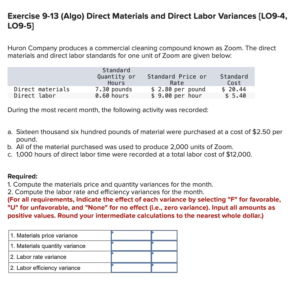 Solved Exercise 9-13 (Algo) Direct Materials and Direct | Chegg.com
