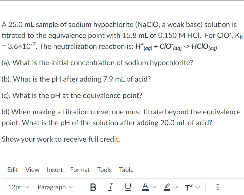 Solved A 25.0 mL sample of sodium hypochlorite ( NaClO, a | Chegg.com
