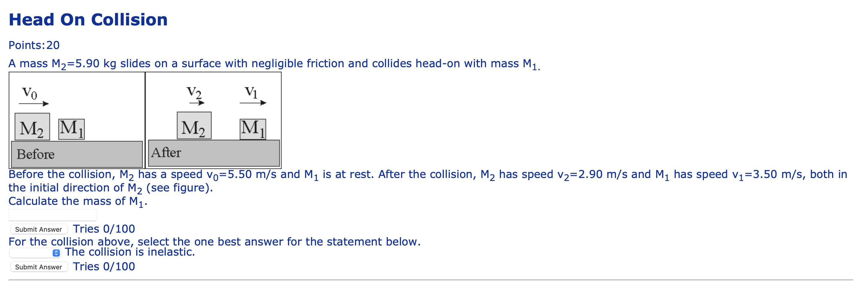 Solved Before the collision, M2 has a speed v0=5.50 m/s and | Chegg.com