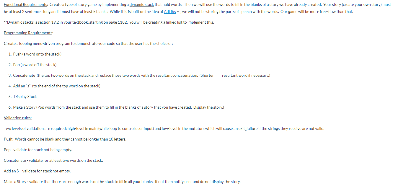 Solved Functional Requirements: Create a type of story game | Chegg.com
