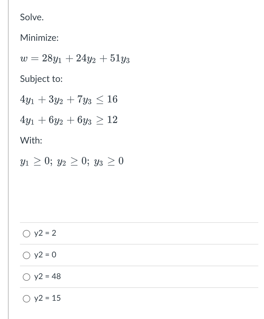 Solved w=28y1+24y2+51y3 Subject to: | Chegg.com