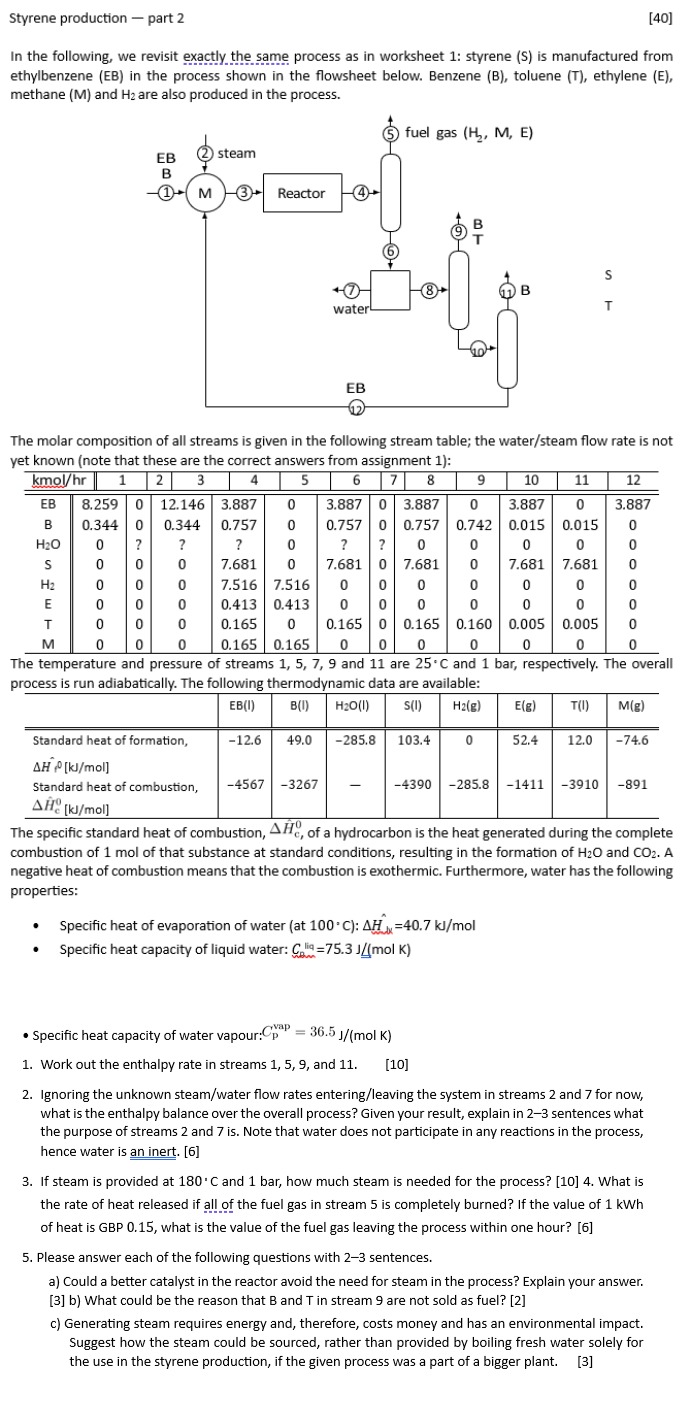 Solved Styrene production - part 2 [40] In the following, we | Chegg.com