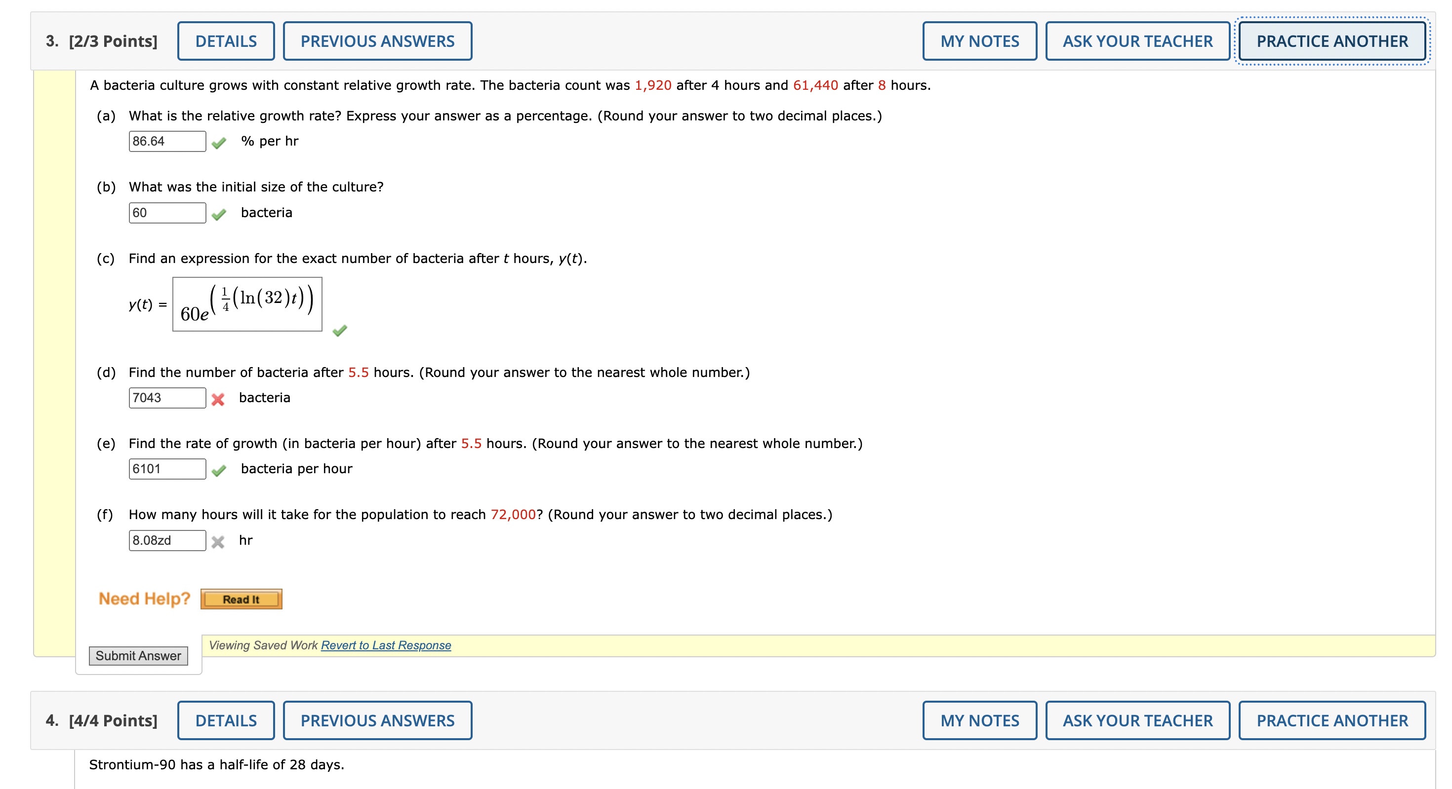 Solved A bacteria culture grows with constant relative | Chegg.com