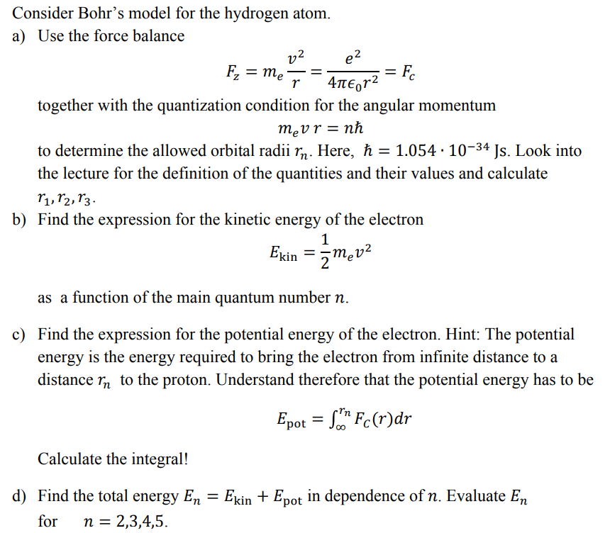 Solved v2 = r Consider Bohr's model for the hydrogen atom. | Chegg.com