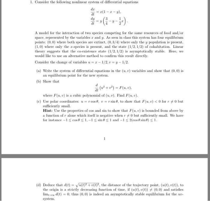 Solved 1. Consider the following nonlinear system of | Chegg.com