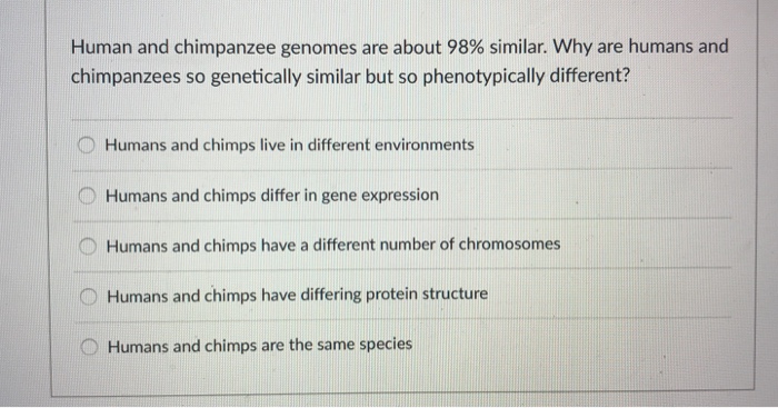 Solved Human and chimpanzee genomes are about 98% similar. | Chegg.com