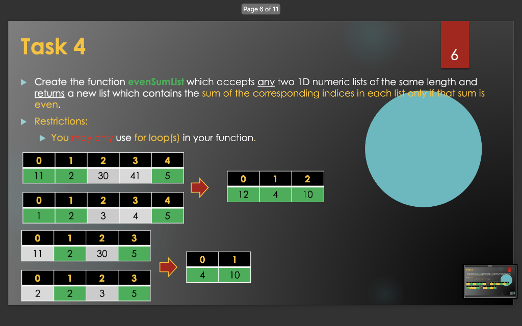 Solved Page 6 of 11 Task 4 6 Create the function evenSumlist | Chegg.com