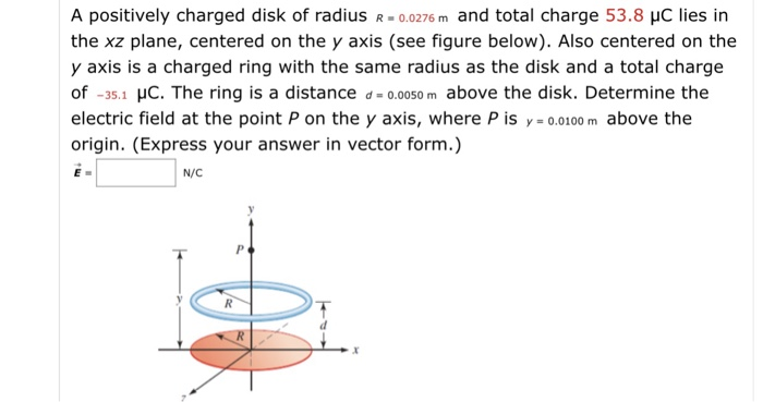 Solved A positively charged disk of radius R-0.0276 m and | Chegg.com