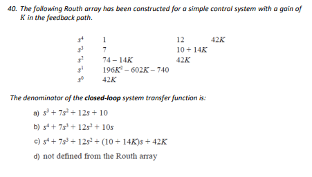 Solved 40. The following Routh array has been constructed | Chegg.com