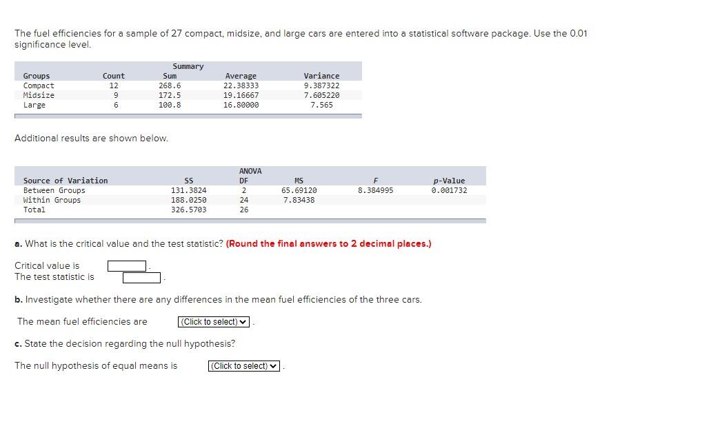 Solved The fuel efficiencies for a sample of 27 compact, | Chegg.com