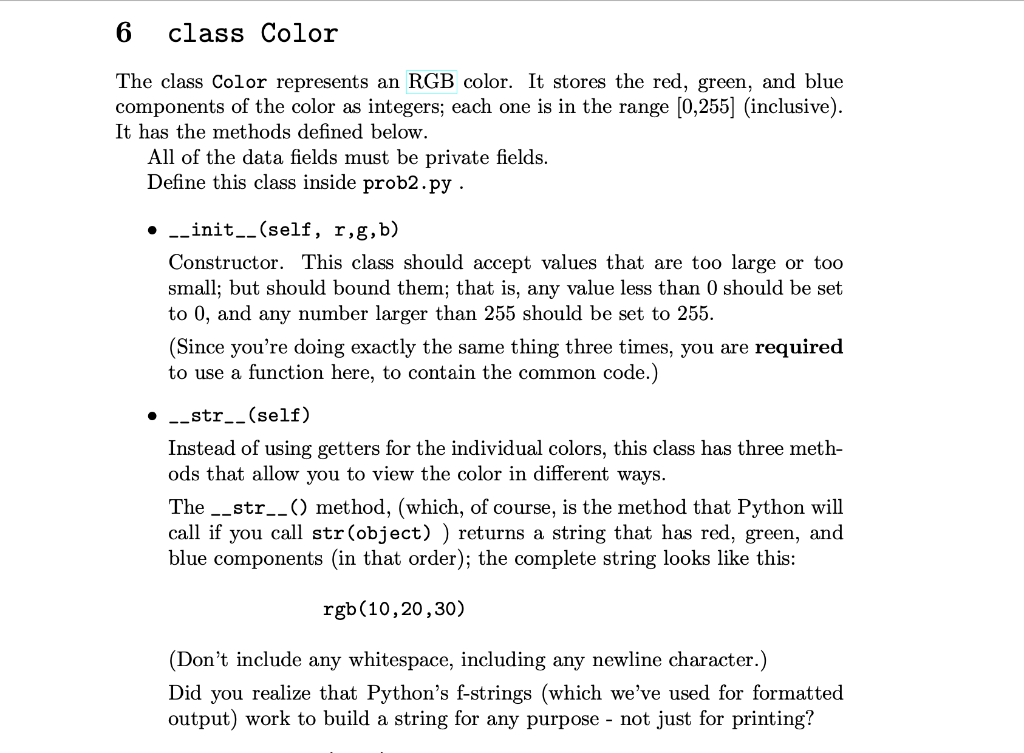 Solved 6 class Color The class Color represents an RGB | Chegg.com