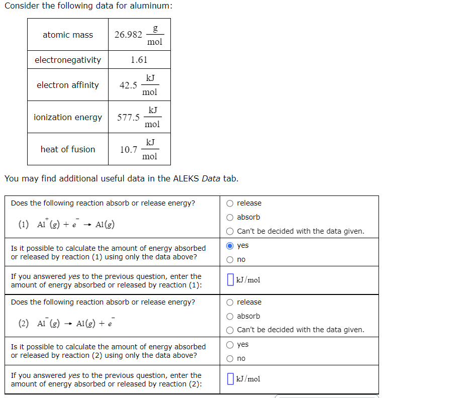 Solved Consider the following data for aluminum: atomic mass | Chegg.com